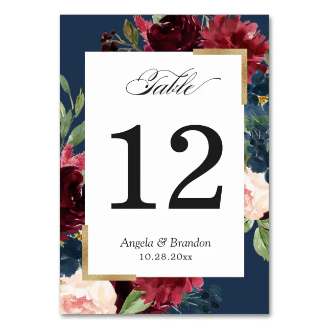 Burgundy Red Blush Floral Navy Blue Table Number | Zazzle