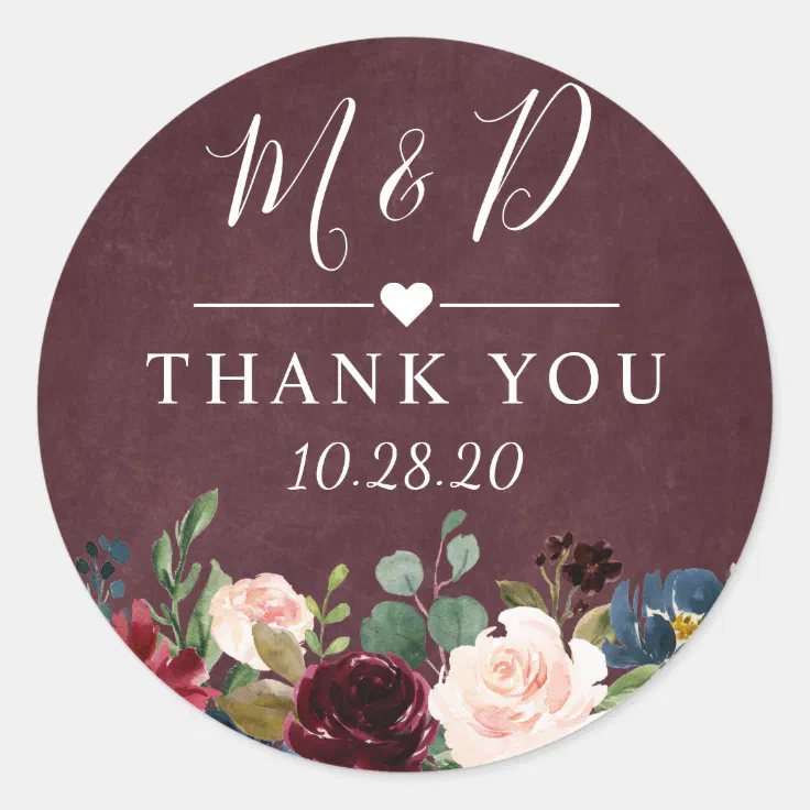Burgundy Red Blush Floral Wedding Thank You Classic Round Sticker Zazzle