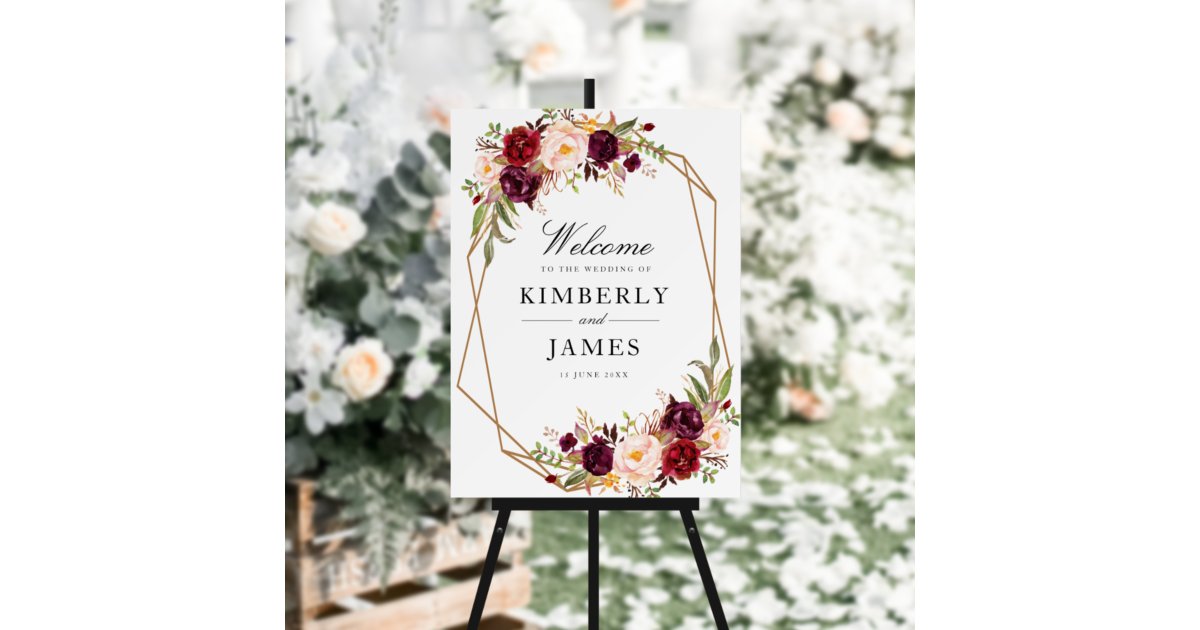 Burgundy red & blush geometric wedding sign | Zazzle