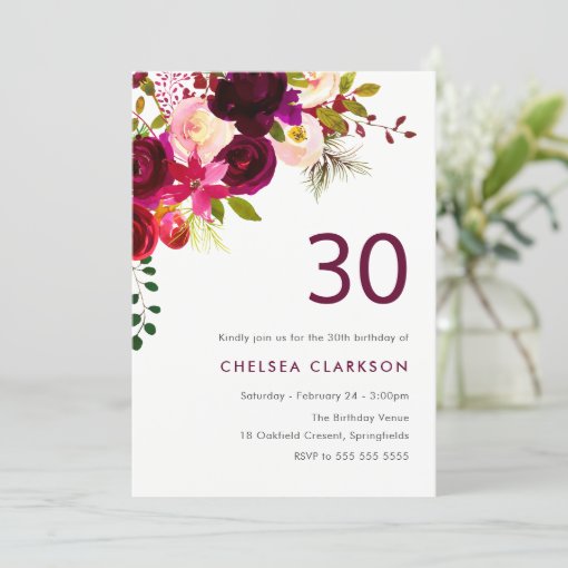 Burgundy Red Boho Floral 30th Birthday Party Invitation | Zazzle