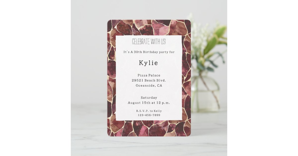 Burgundy Red Chic Abstract Birthday Invitation | Zazzle