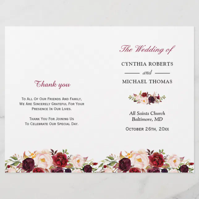Burgundy Red Chic Floral Folded Wedding Program | Zazzle