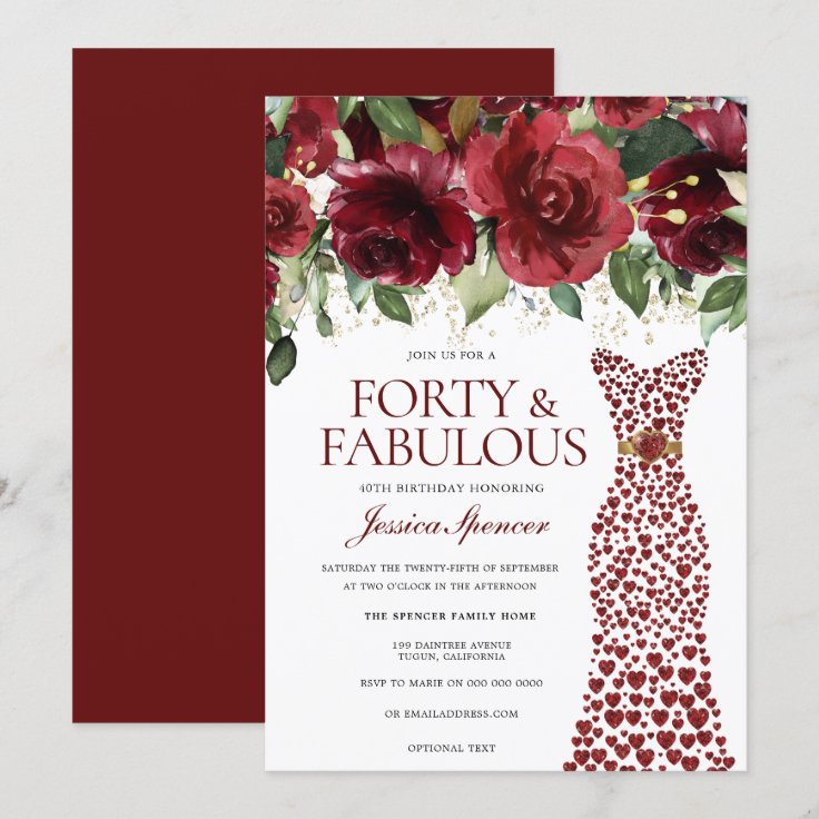 Burgundy Red Dress Forty & Fabulous 40th Birthday Invitation | Zazzle