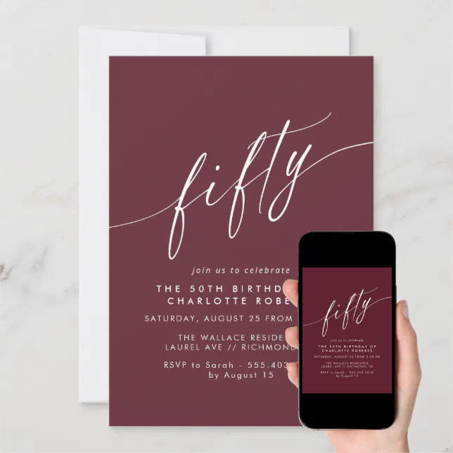 Burgundy Red | Elegant Script Maroon 50th Birthday Invitation | Zazzle