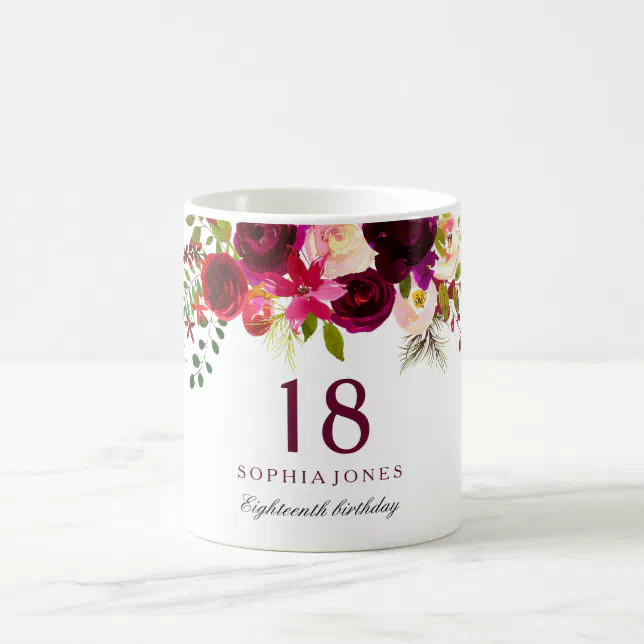 Burgundy Red Floral Boho 18th Birthday Gift Coffee Mug | Zazzle
