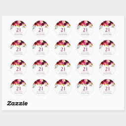 Burgundy Red Floral Boho 21st Birthday Party Classic Round Sticker | Zazzle