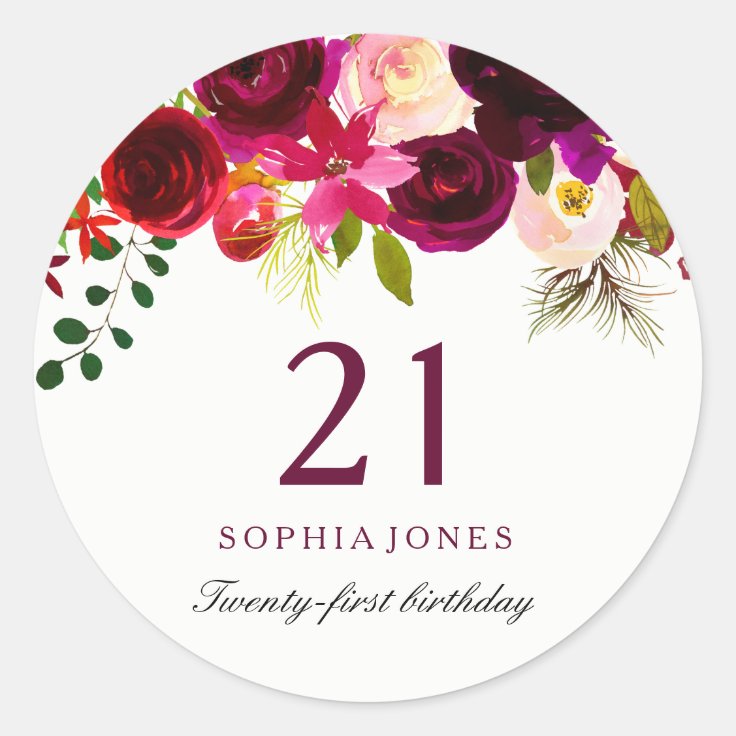 Burgundy Red Floral Boho 21st Birthday Party Classic Round Sticker | Zazzle