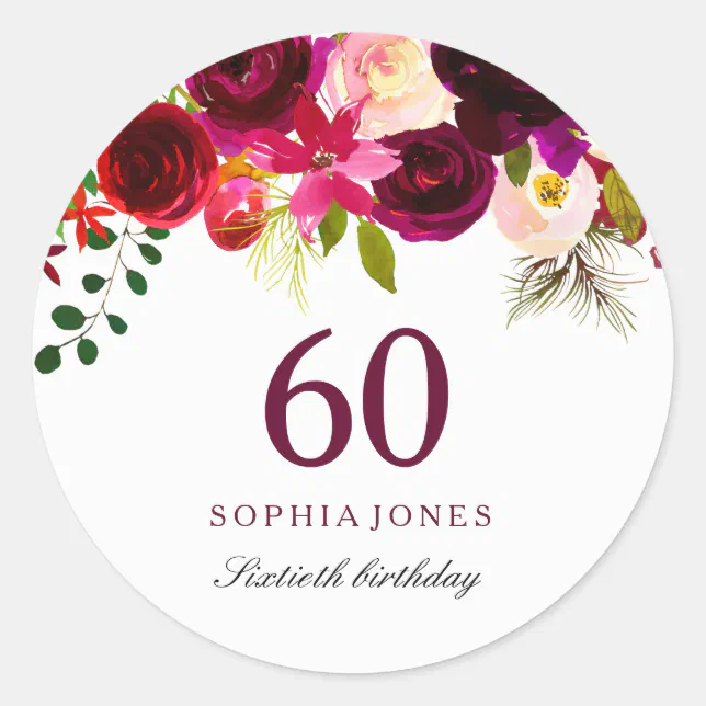 Burgundy Red Floral Boho 60th Birthday Party Classic Round Sticker | Zazzle