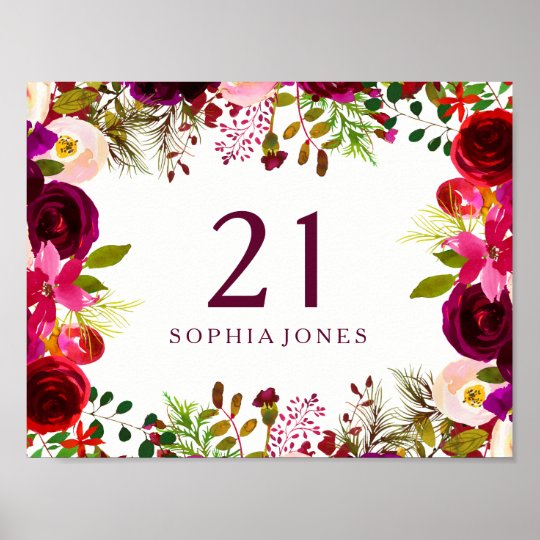 Burgundy Red Floral Boho Sign 21st Birthday Party | Zazzle.com