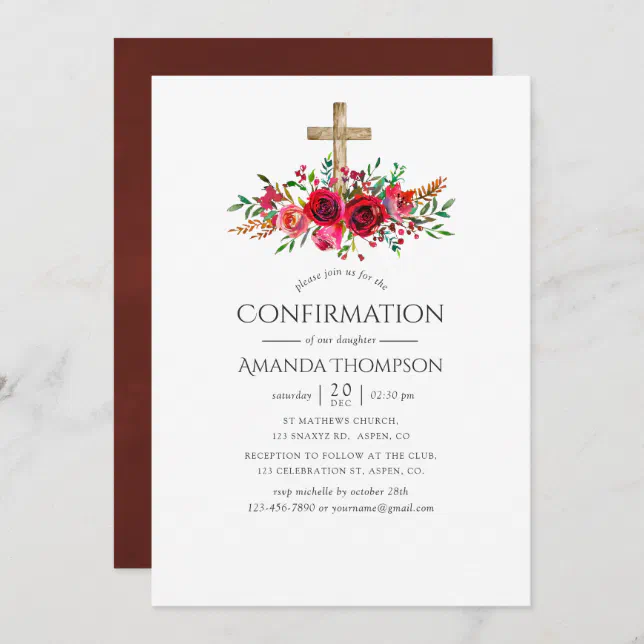 Burgundy Red Floral Confirmation Invitation | Zazzle