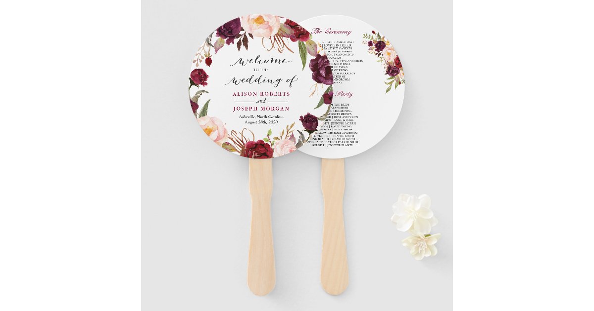Burgundy Red Floral Contemporary Wedding Program Hand Fan | Zazzle