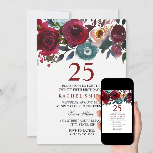 Burgundy Red Floral Elegant 25th Birthday Invite | Zazzle