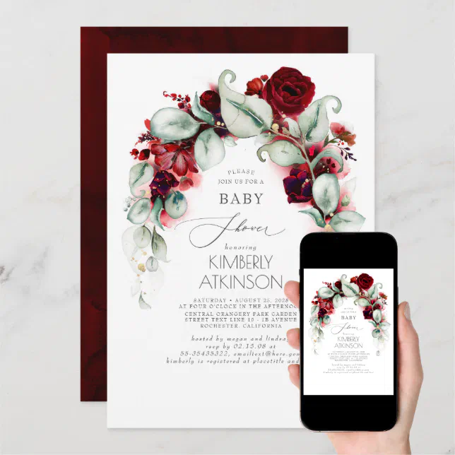 Burgundy Red Floral Elegant Baby Shower Invitation | Zazzle
