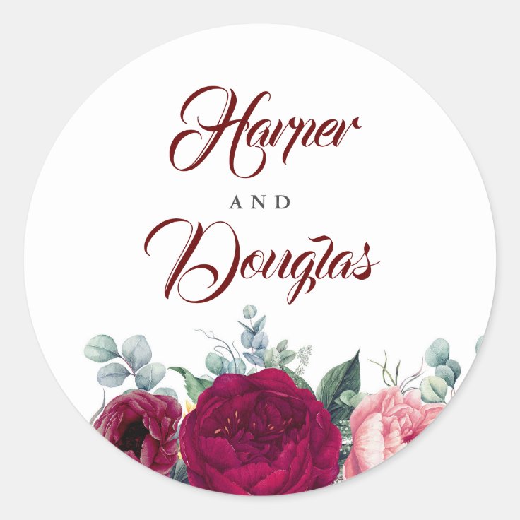 Burgundy Red Floral Fall Wedding Classic Round Sticker | Zazzle