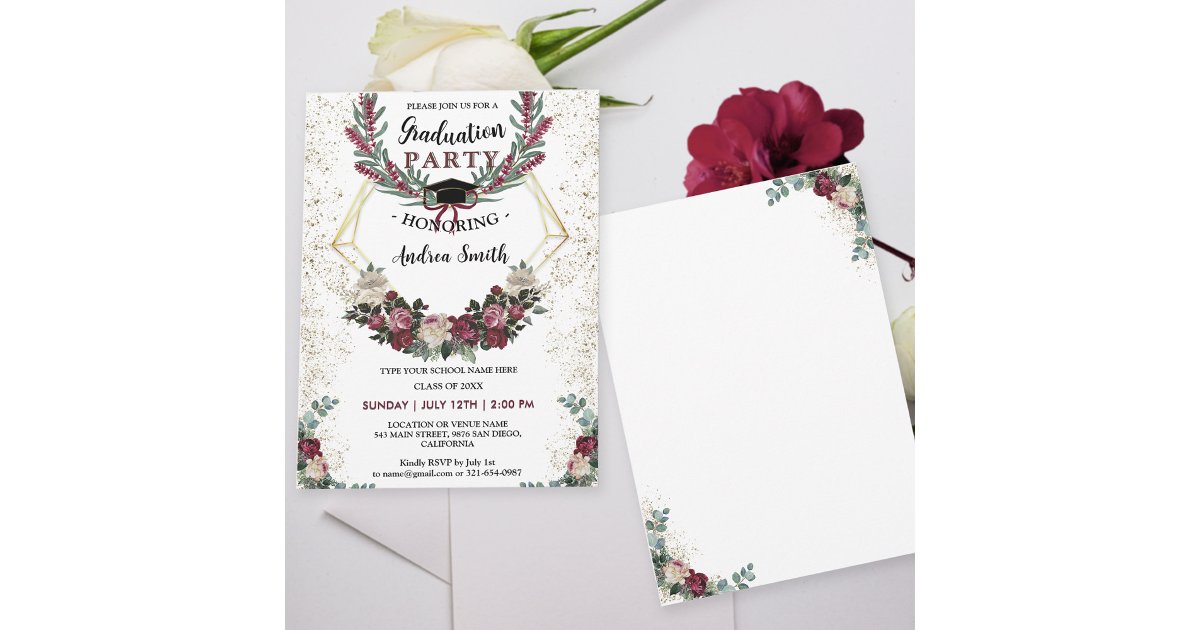 Burgundy Red Floral Gold Glitter Graduation Party Invitation | Zazzle
