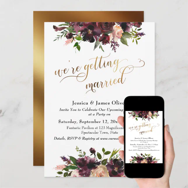 Burgundy Red Floral & Gold We're Getting Married Invitation | Zazzle