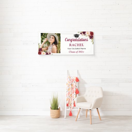 Burgundy Red Floral Grad Photo Graduation Party Banner | Zazzle