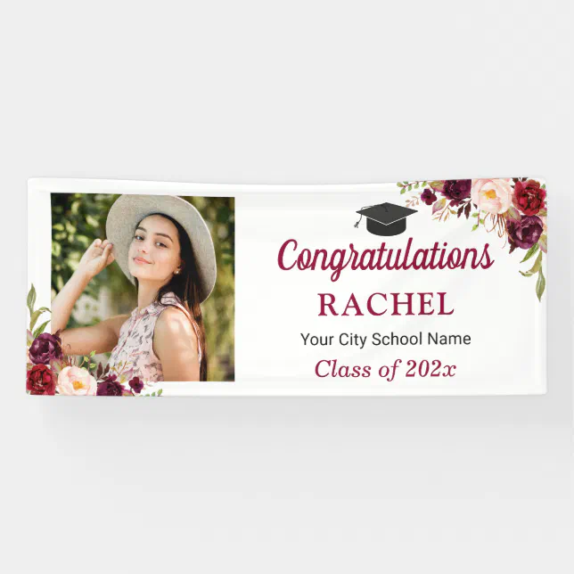 Burgundy Red Floral Grad Photo Graduation Party Banner | Zazzle