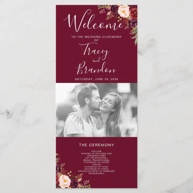 Burgundy Red Floral Hand Lettered Photo Wedding Program | Zazzle