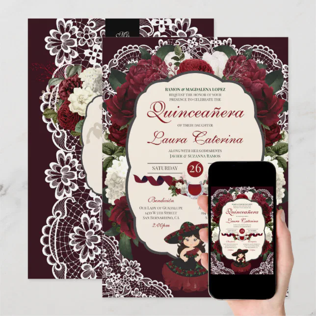 Burgundy Red Floral Lace Charro Quinceanera Invitation | Zazzle