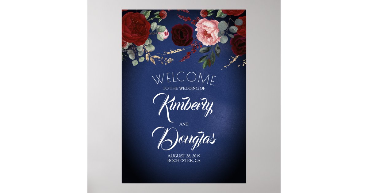 Burgundy Red Floral Navy Blue Wedding Welcome Sign | Zazzle