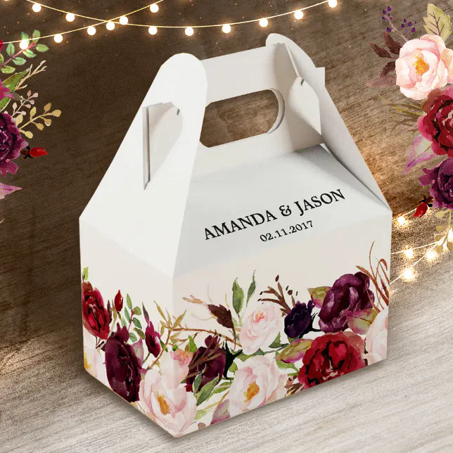 Burgundy Red Floral Rustic Boho Wedding Favor Boxes | Zazzle