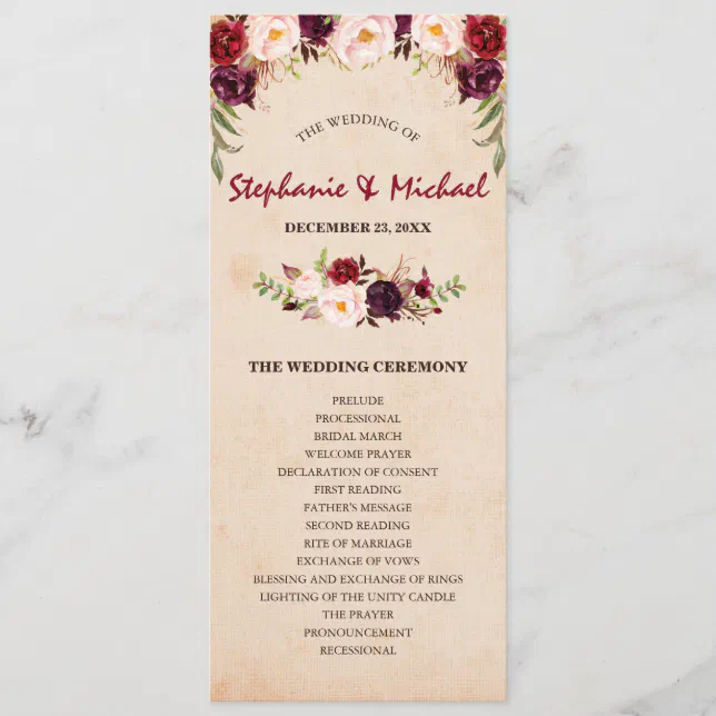 Burgundy Red Floral Rustic Wedding program | Zazzle