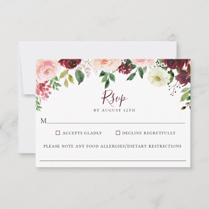 Burgundy Red Floral Wedding Food Allergy RSVP Card | Zazzle.com