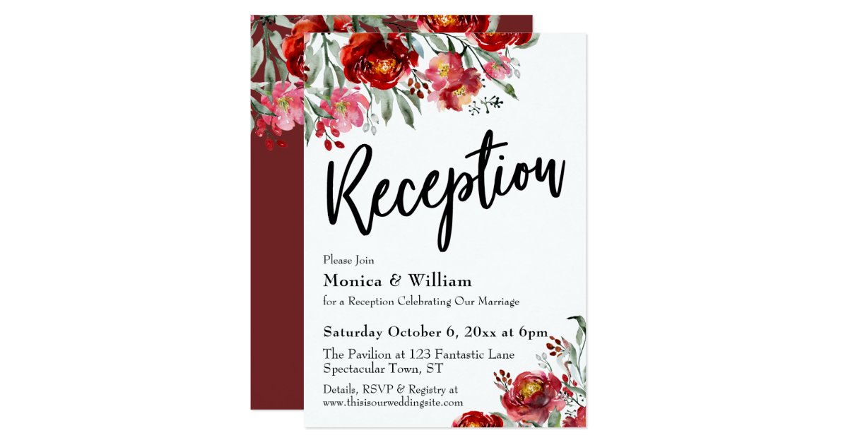 Burgundy Red Floral Wedding Reception Typography Invitation | Zazzle.com