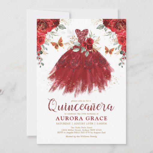 Burgundy Red Flower Quinceañera Princess Dress Invitation | Zazzle