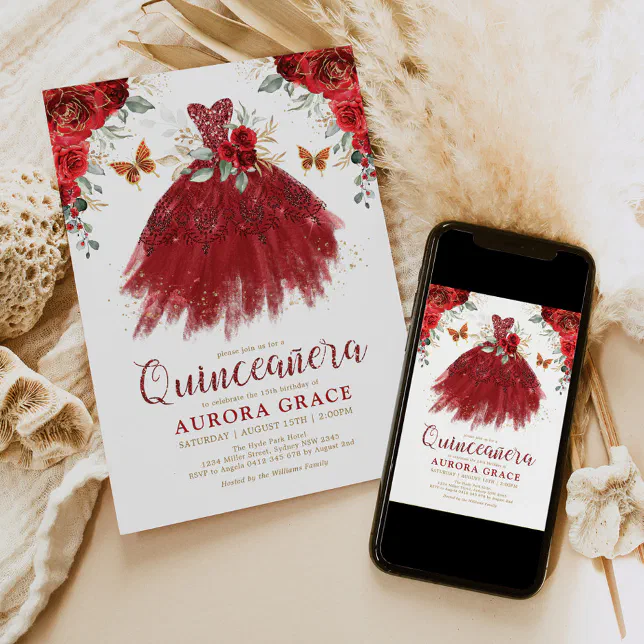 Burgundy Red Flower Quinceañera Princess Dress Invitation | Zazzle