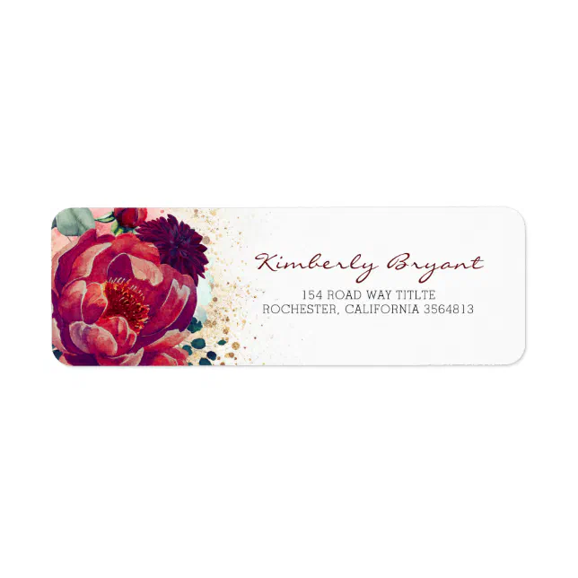 Burgundy Red Flowers and Gold Glitter Elegant Label | Zazzle