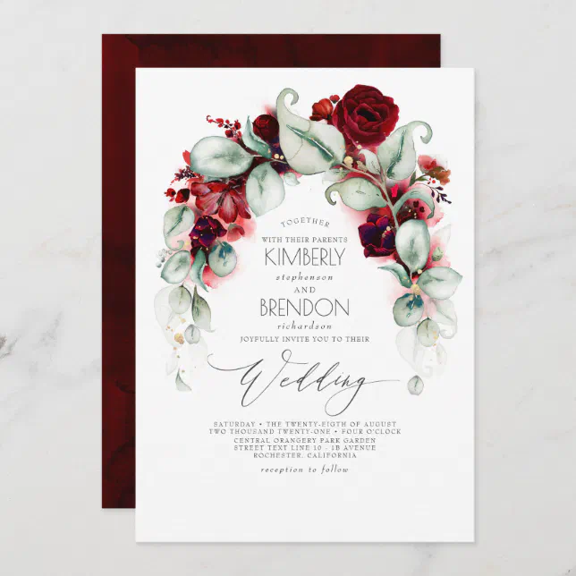 Burgundy Red Flowers and Greenery Elegant Wedding Invitation | Zazzle
