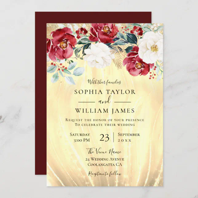Burgundy Red Flowers Golden Glitter Wedding Invitation | Zazzle