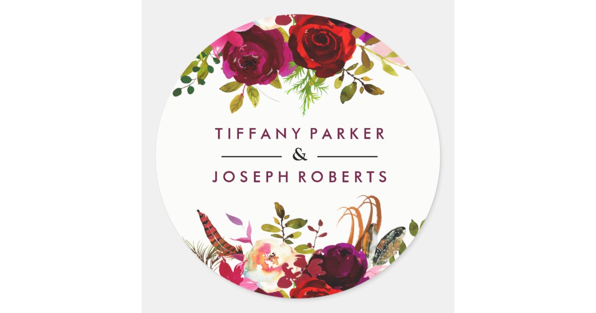 Burgundy Red Garden Floral Wedding Classic Round Sticker | Zazzle
