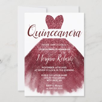 Burgundy Red Glitter Dress Quinceanera Party 15th Invitation | Zazzle