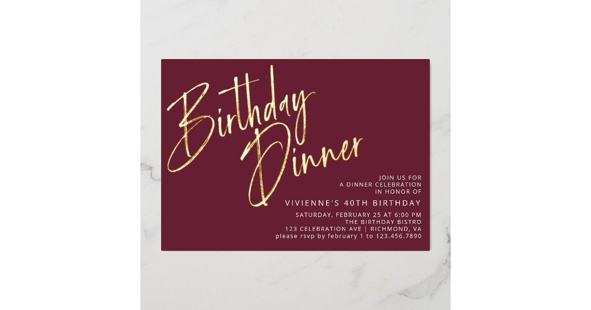 Burgundy Red & Gold Elegant Maroon Birthday Dinner Foil Invitation | Zazzle