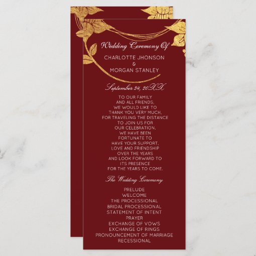 Burgundy Red Gold Floral Event Wedding Program | Zazzle