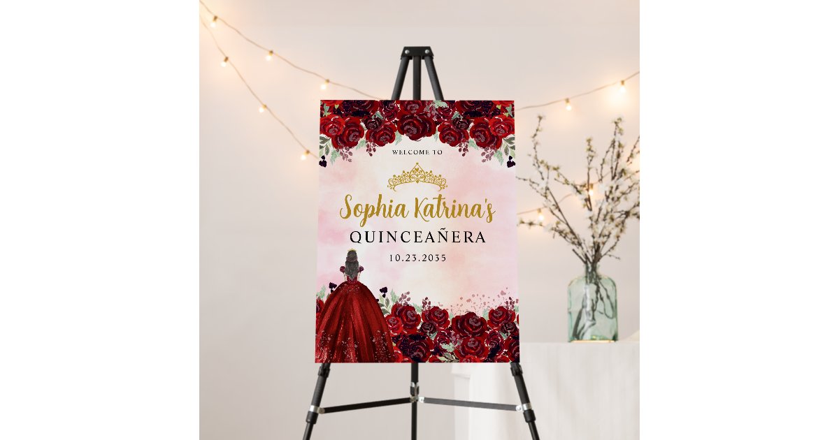 Burgundy Red Gold Floral Tiara Quinceanera Welcome Foam Board | Zazzle