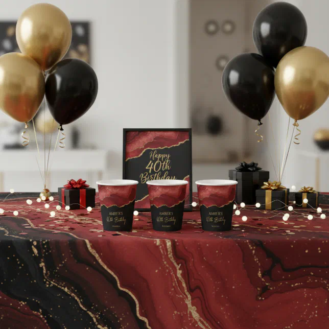 Burgundy Red Gold Glitter Abstract Watercolor Paper Cups | Zazzle