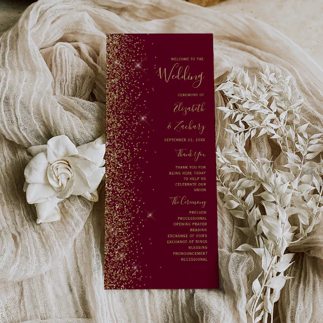 Burgundy Red Gold Glitter Edge Wedding Program | Zazzle