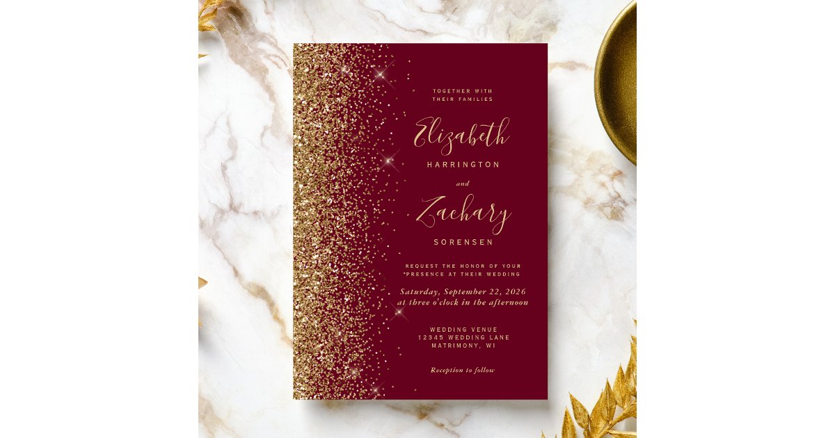 Burgundy Red Gold Glitter Wedding Invitation | Zazzle