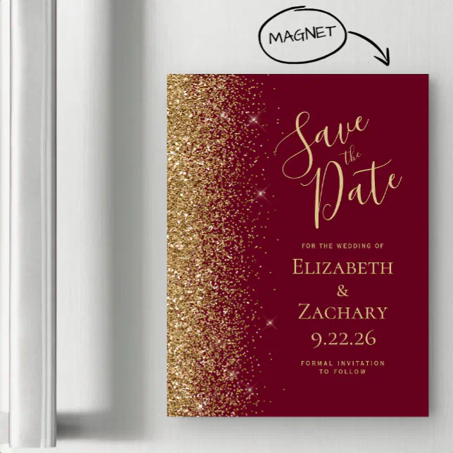 Burgundy Red Gold Save the Date Magnetic Card | Zazzle