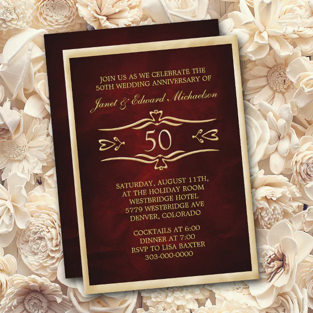 Burgundy Red Golden Anniversary Celebration Invite | Zazzle