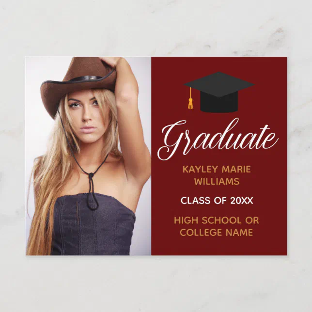 Burgundy Red Graduation Photo Chic 2023 Graduate Postcard | Zazzle