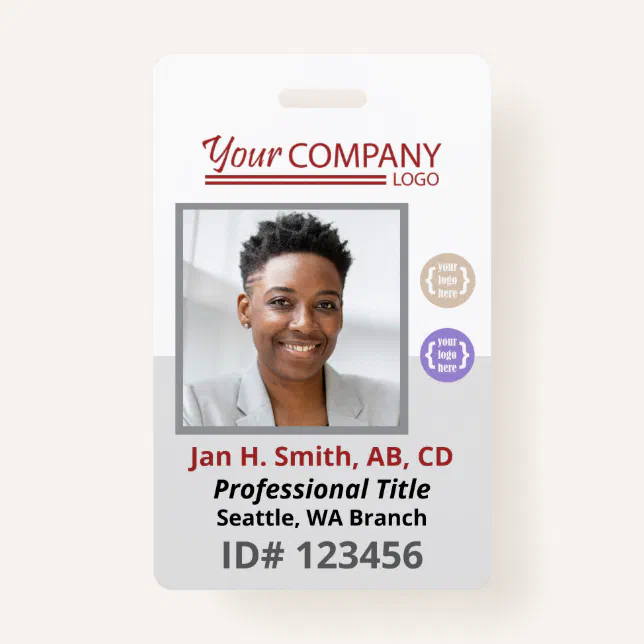 Burgundy Red Logo Employee Photo ID Entry QR Code Badge | Zazzle