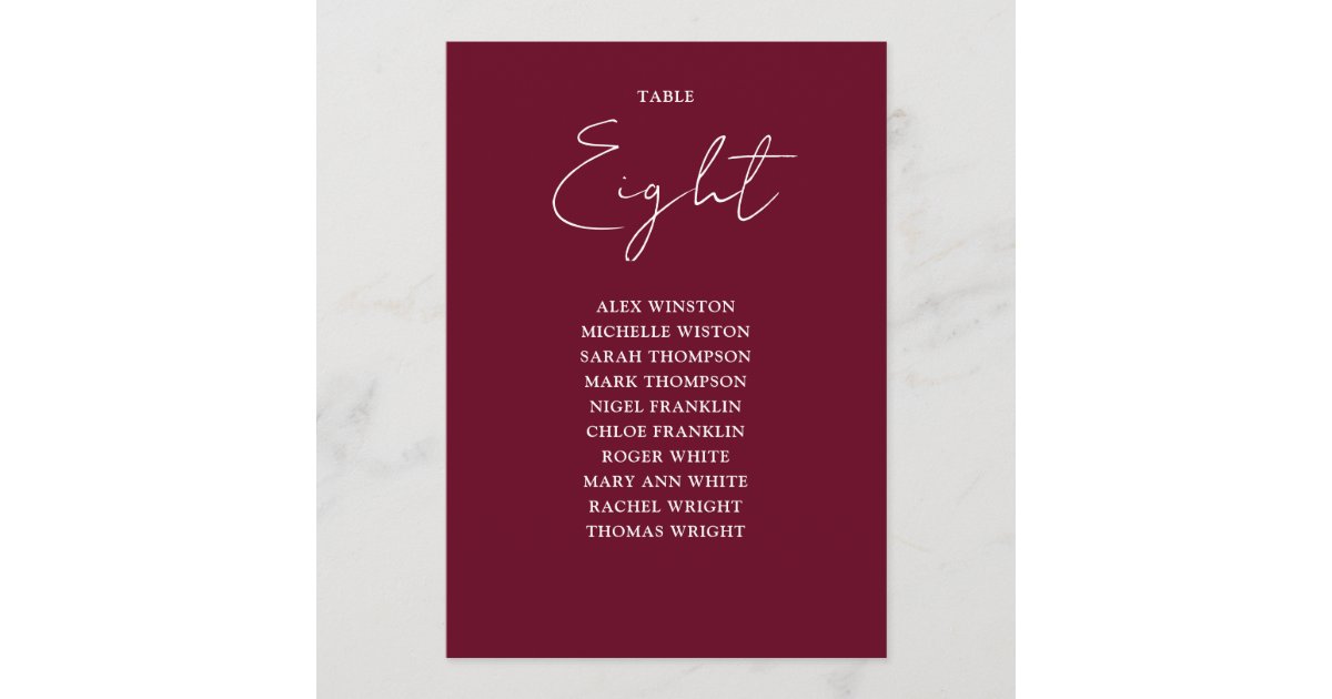 Burgundy Red Modern Seating Chart Table Number | Zazzle