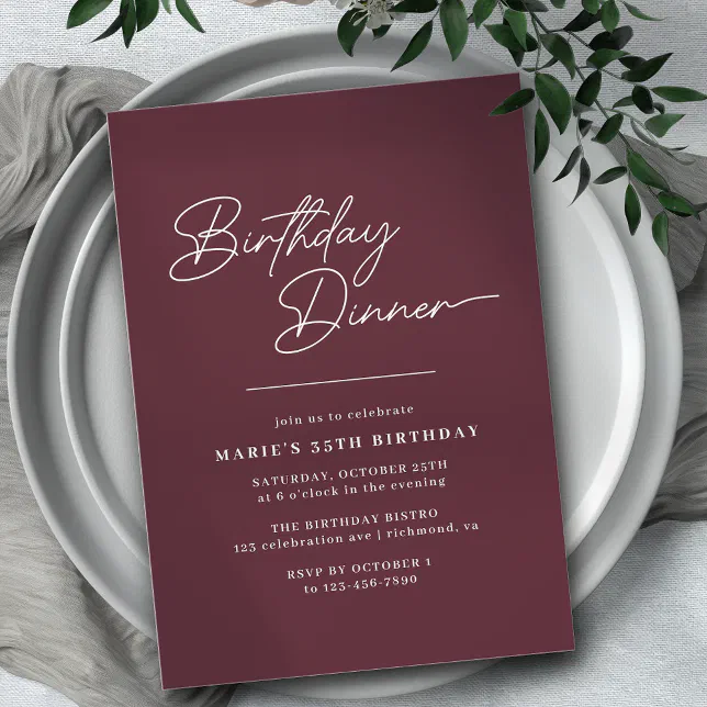 Burgundy Red Modern Simple Maroon Birthday Dinner Invitation | Zazzle