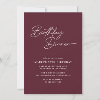 Burgundy Red Modern Simple Maroon Birthday Dinner Invitation | Zazzle