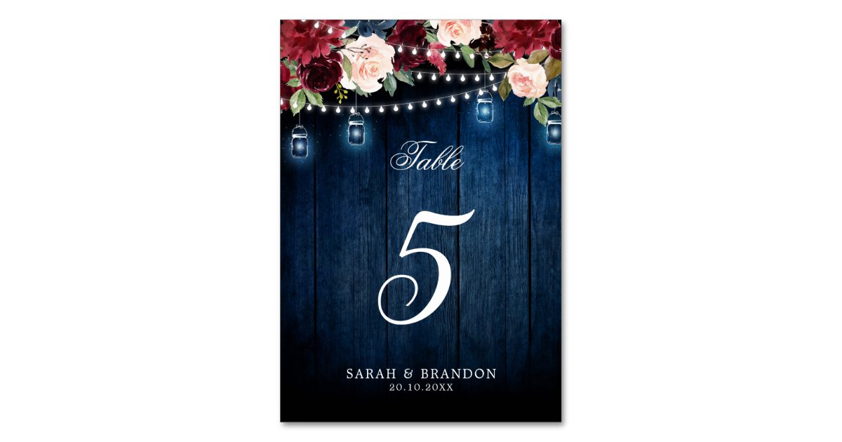 Burgundy Red Navy Blue Floral Table Number | Zazzle
